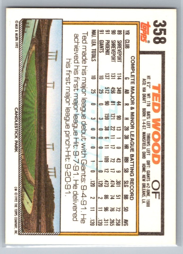Ted Wood 1992 Topps BASEBALL #358 San Francisco Giants RC | eBay
