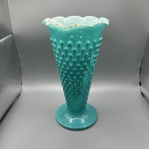 Vtg Turquoise Blue Trumpet Hobnail Milk Glass Vase 22 Kt Gold Hand ...