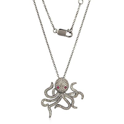 Natural Ruby Octopus Eyes Pave Diamond Pendant Necklace Silver Jewelry ...