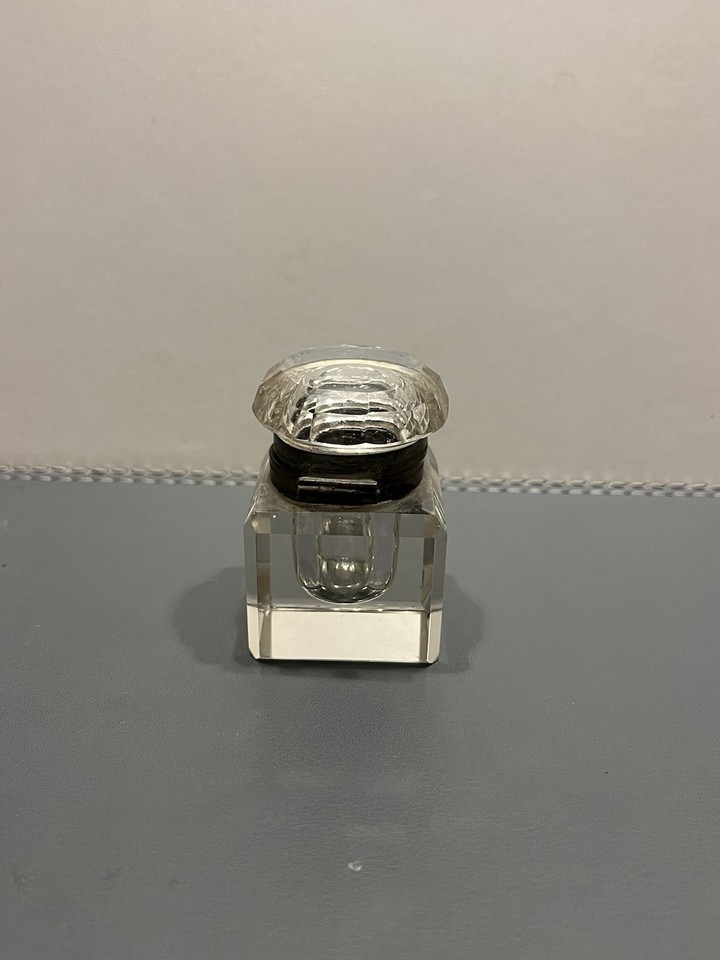 Antique Victorian Heavy Cut Glass Inkwell - Hinged Brass Lid - Crystal ...
