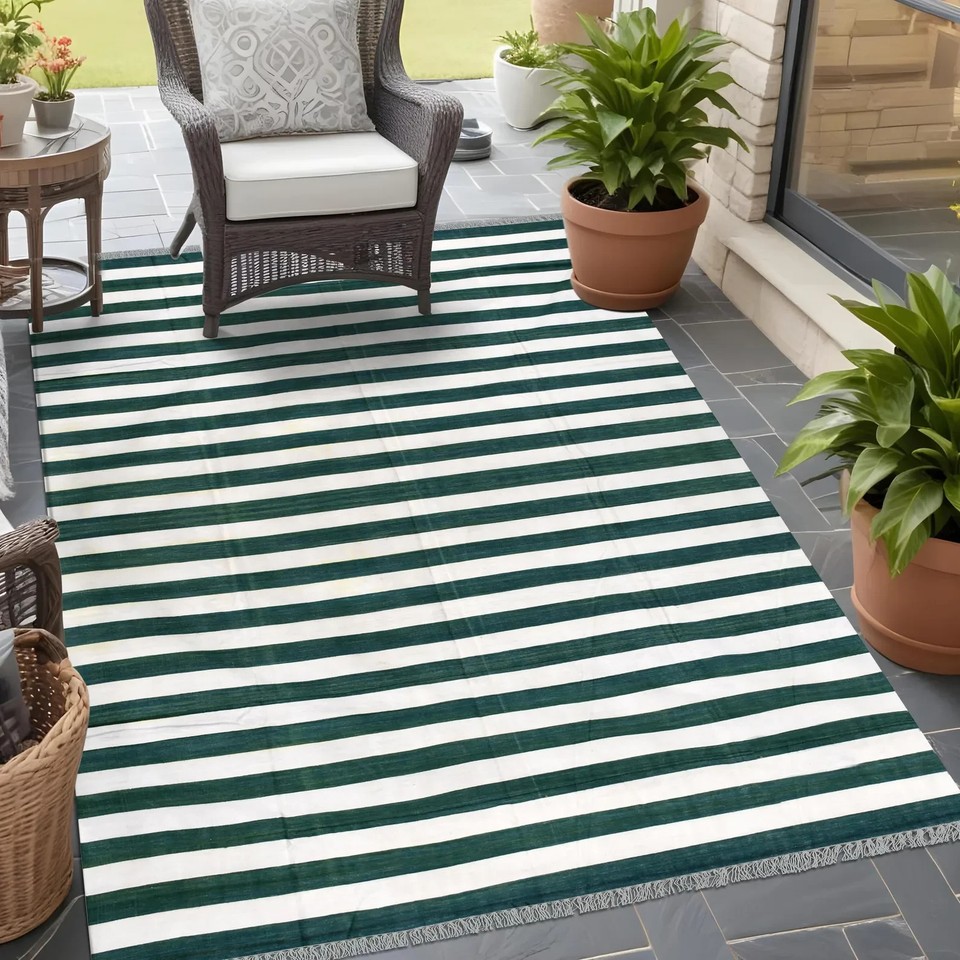 Modern Hand Knotted Cotton Dhurrie Rug Color Green and White Design ...