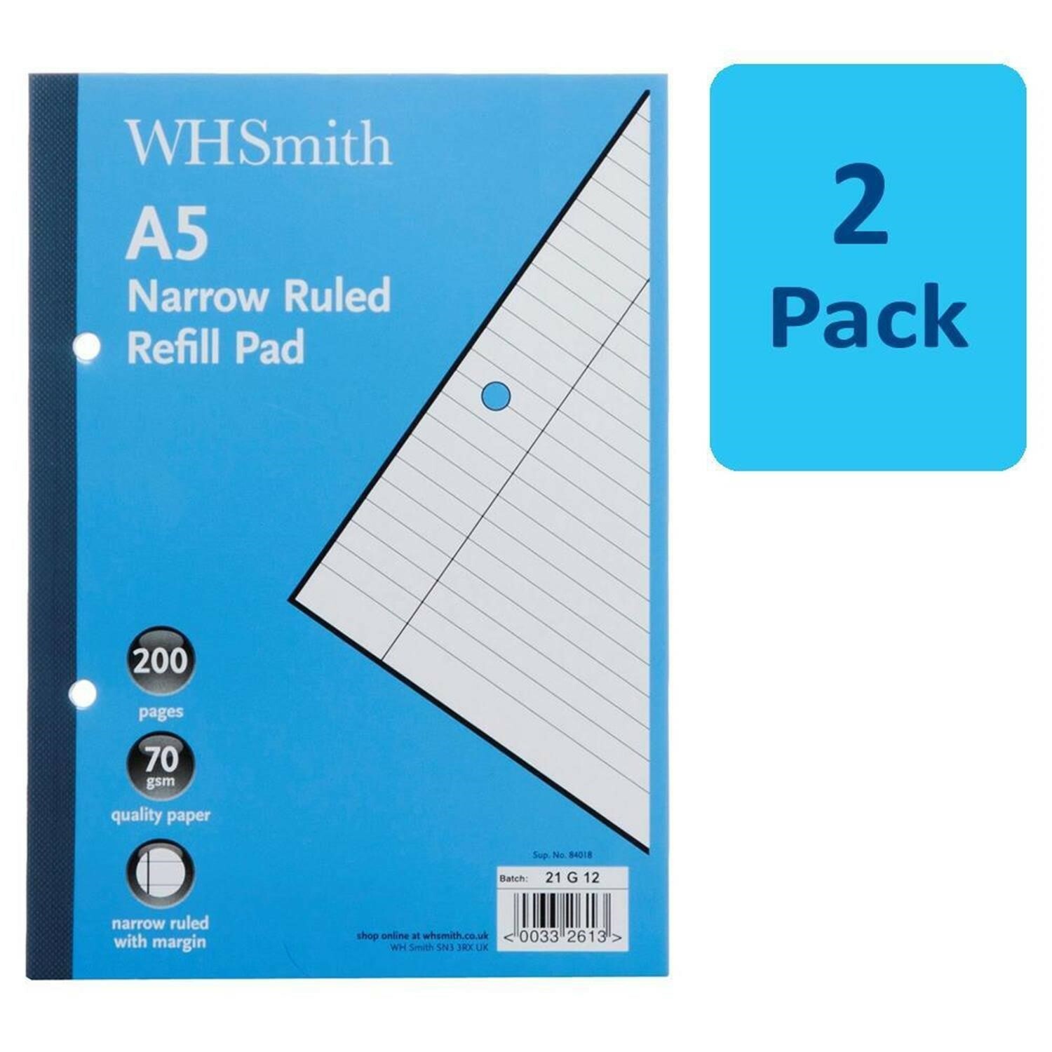 2 x WHSmith A5 Narrow Ruled Standard Refill Pad 70gsm Paper 100 Sheet ...