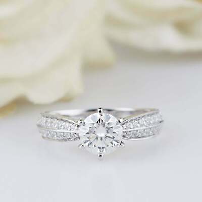 4ct Round Lab-Created Moissanite Ring Dual Row Accent Women White Gold ...