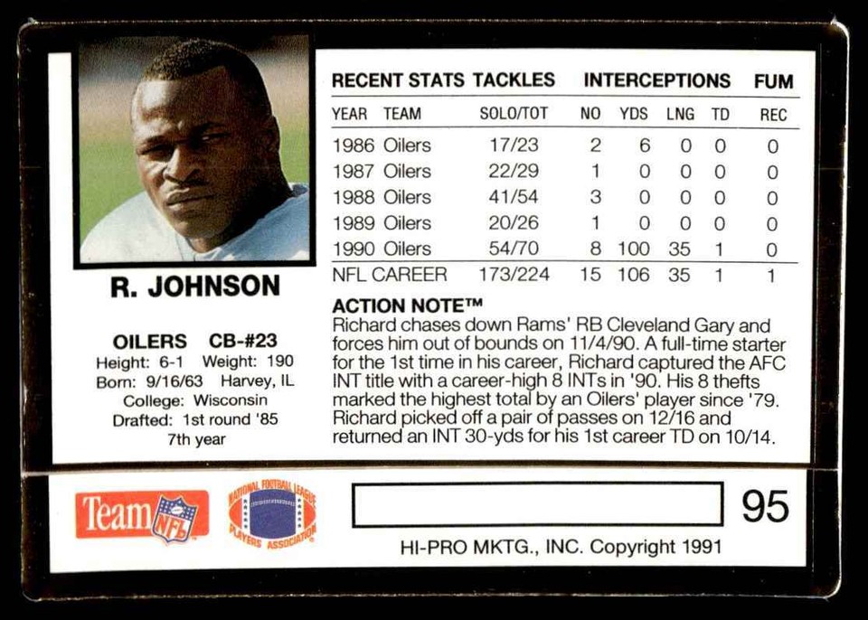 1991 Action Packed Richard Johnson Rookie Houston Oilers #95 | eBay