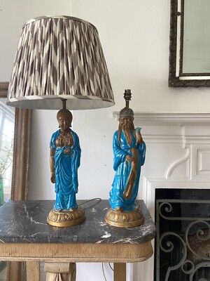 A Pair of Chinese Turquoise Glaze Early 20thC Porcelain Figural Lamps ...
