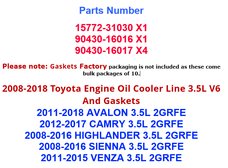 2008-2018 Toyota &Lexus Engine Oil Cooler Line & Gasket 3.5L V6 GENUINE ...