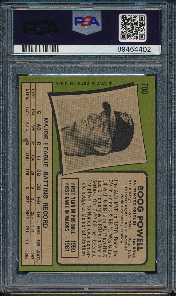 1971 Topps #700: BOOG POWELL Baltimore Orioles High # SP ~ PSA 6 *4402 ...