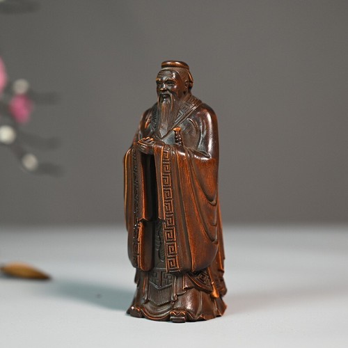 4.8" Old Boxwood Carved Chinese Confucius Kongzi Sage Statue Sculpture ...