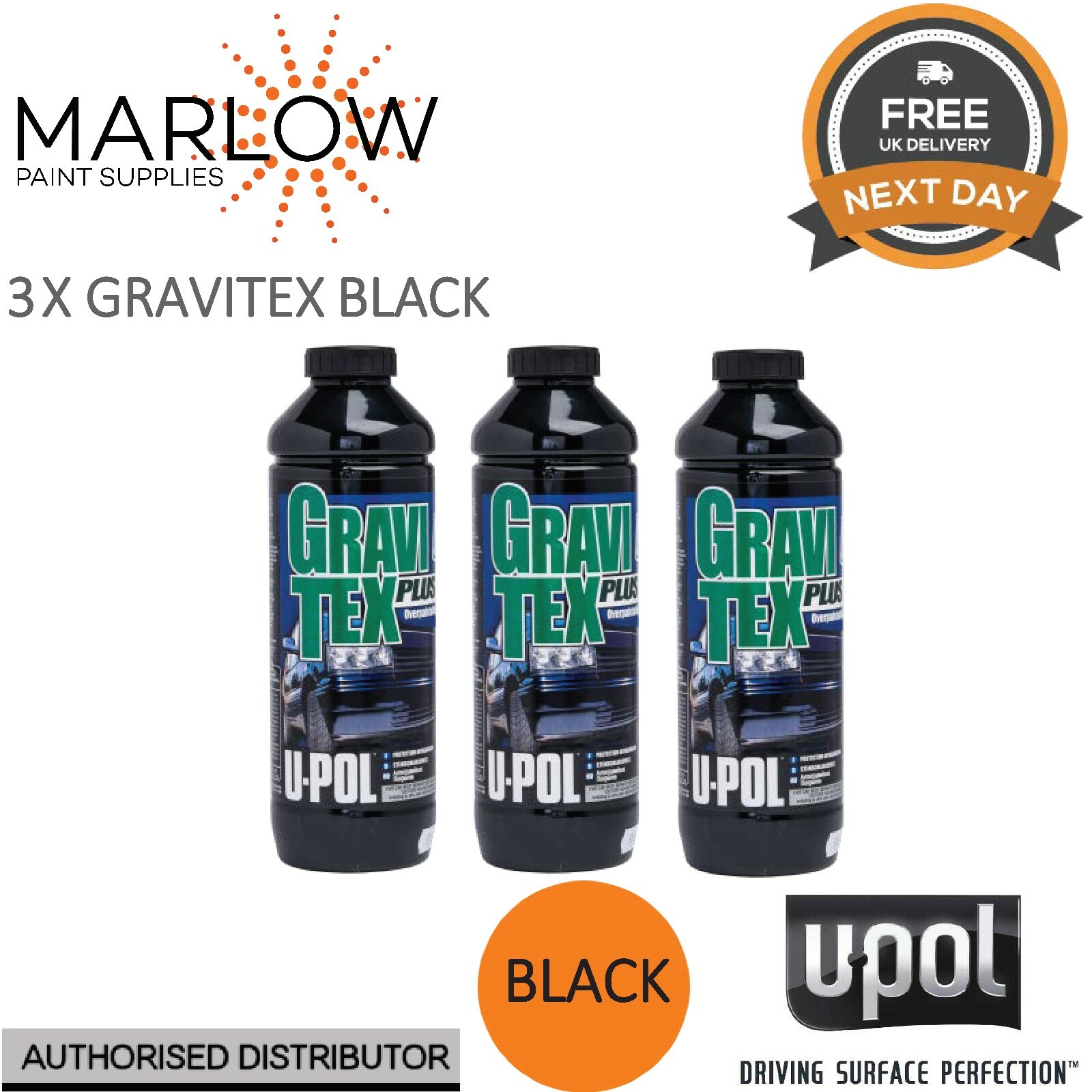 3 X U-POL Gravitex Plus 1L Stone Chip Coating - Black, Durable ...