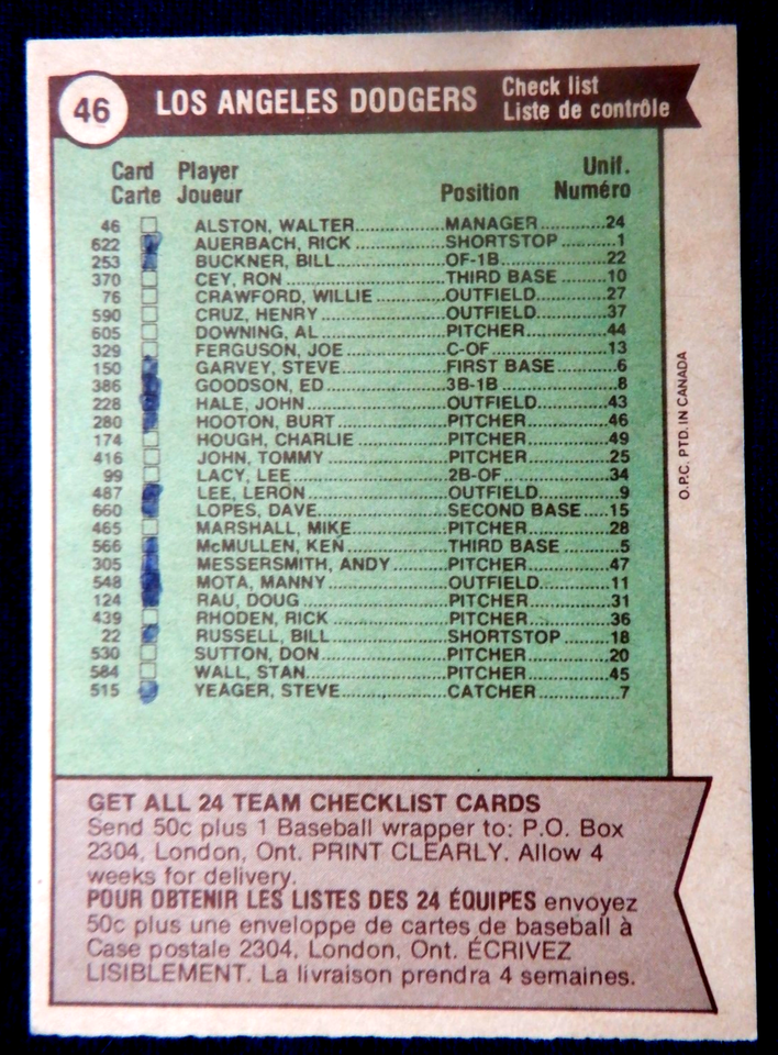 Los Angeles Dodgers O-Pee-Chee Team Photo / Checklist card 46, 1976 ...
