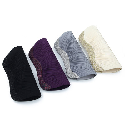 Elegant Pleated Satin & Crystal Hard Clutch Evening Bag - Diff Colors ...