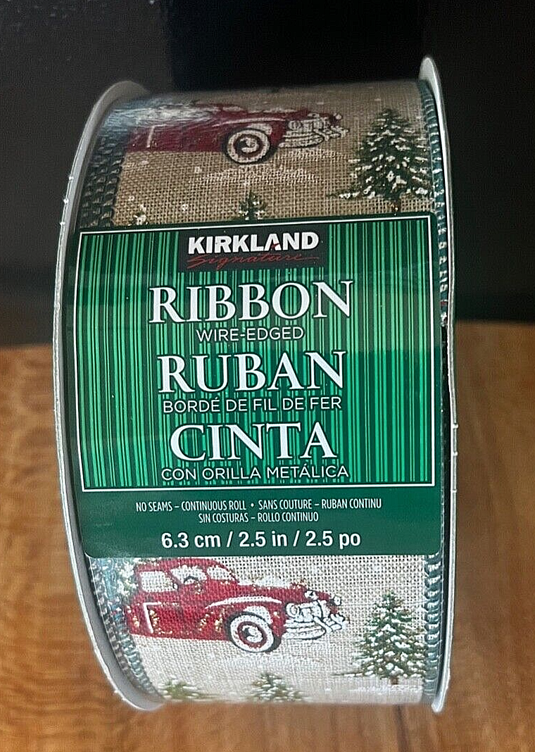 Kirkland Wire-Edged Ribbon 2.5" Wide 50 YD Beige Red Truck Gold Glitter ...