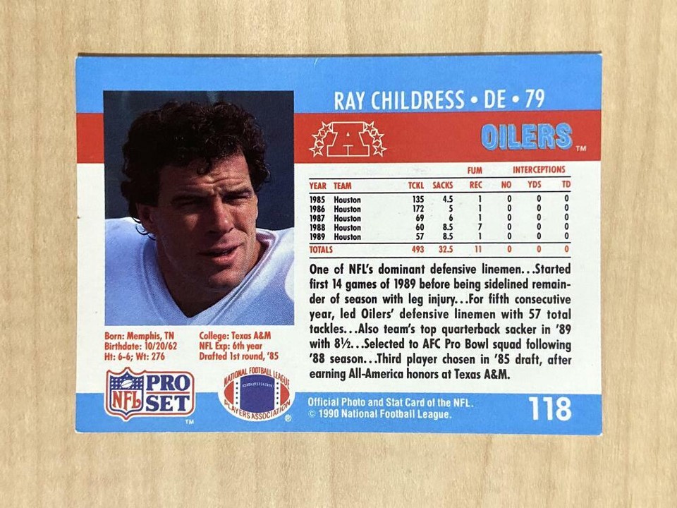 RAY CHILDRESS HOUSTON OILERS SIGNED AUTOGRAPHED 1990 PRO SET CARD #118 ...