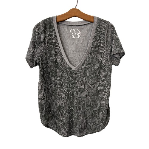 Chaser Snake Print V-Neck T-Shirt Women M Gray Wild Animal Print Summer ...
