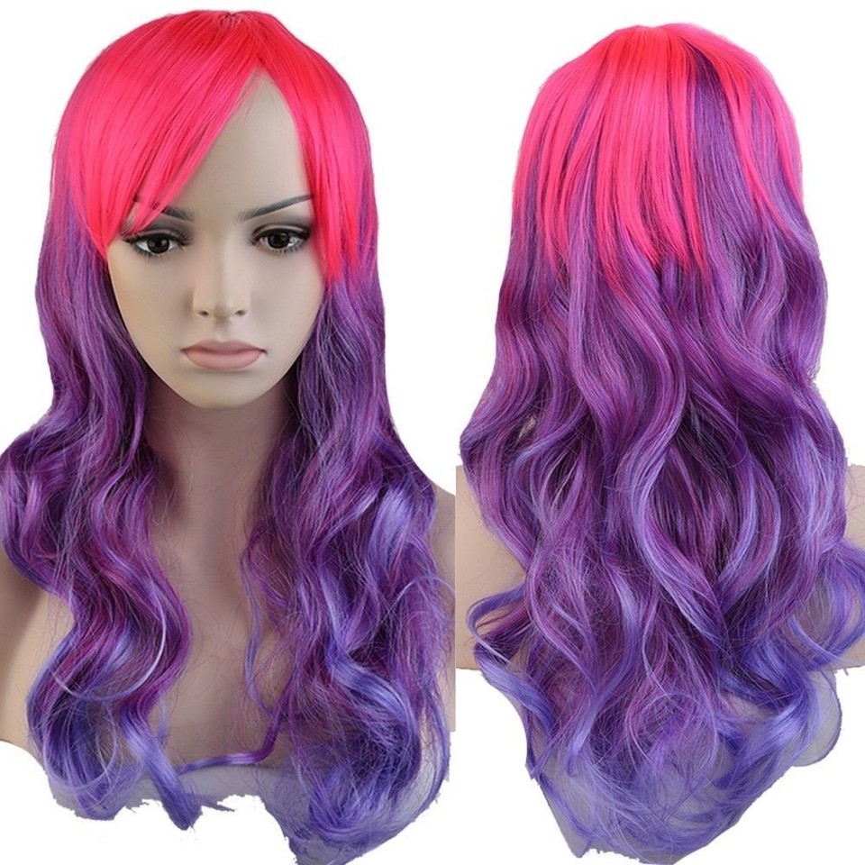 Rainbow Colorful Hair Wig Long Ombre Curly Straight Wig Women Cosplay ...