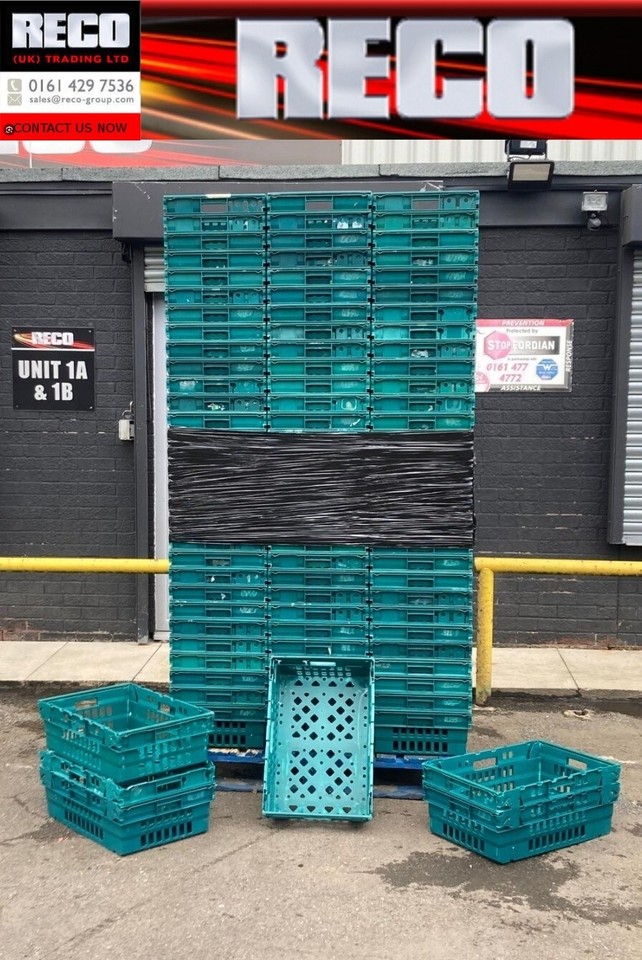 10 X GREEN USED BALE ARM TRAY STACKING CRATE 60-40-20CM STORAGE ...