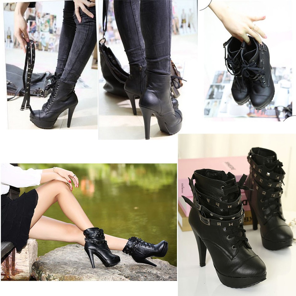 Women's Rivet Studded Stilettos High Heels Women Cross-strap Hasp Ankle ...
