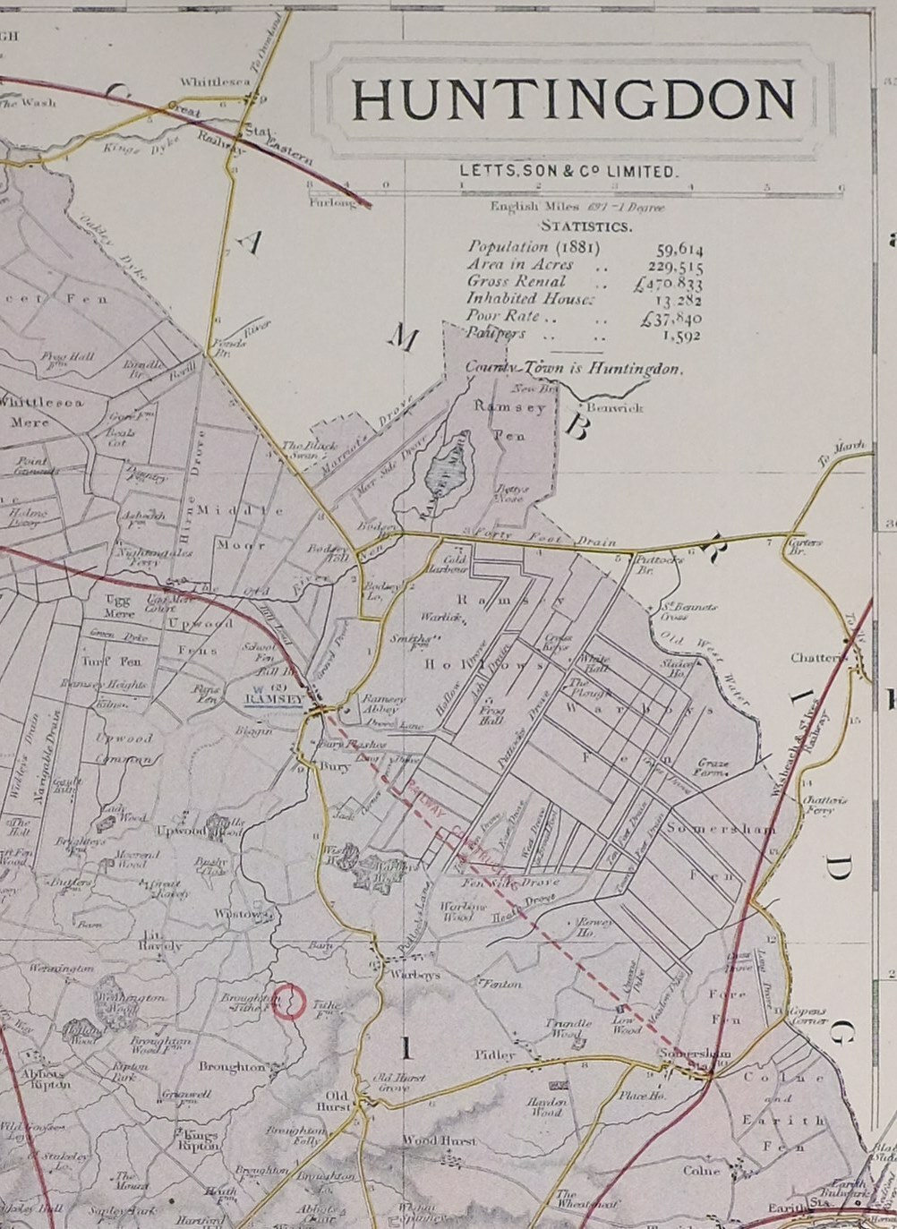 1884 COUNTY MAP HUNTINGDON RAILWAYS ROADS ST IVES ST NEOTS KIMBOLTON | eBay