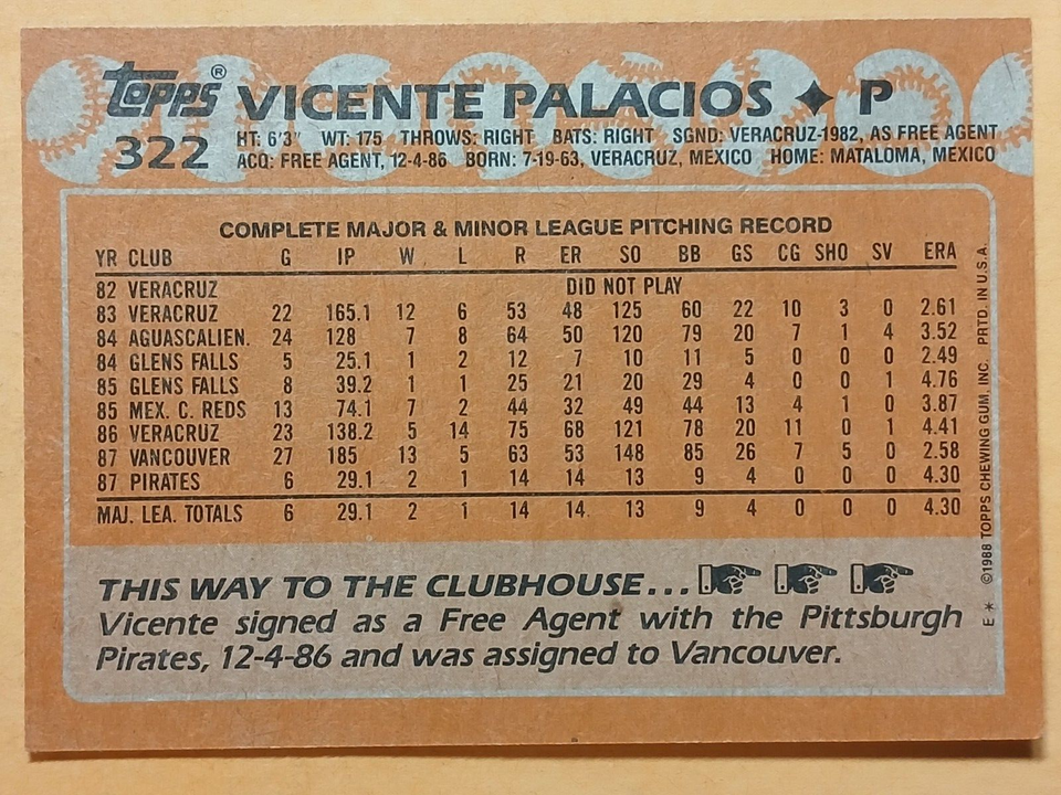 1988 Topps Baseball Card Vicente Palacios Pittsburgh Pirates #322 | eBay