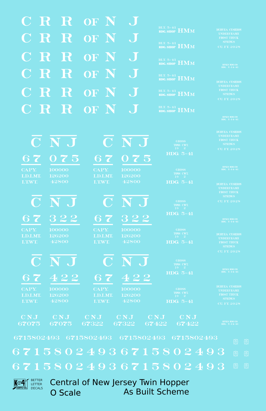 K4 O Scale Decals Central Of New Jersey Twin Hopper White Roman Font ...