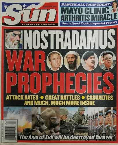 Sun Tabloid Feb 18 2003 Nostradamus War Prophecies - Axis of Evil ...