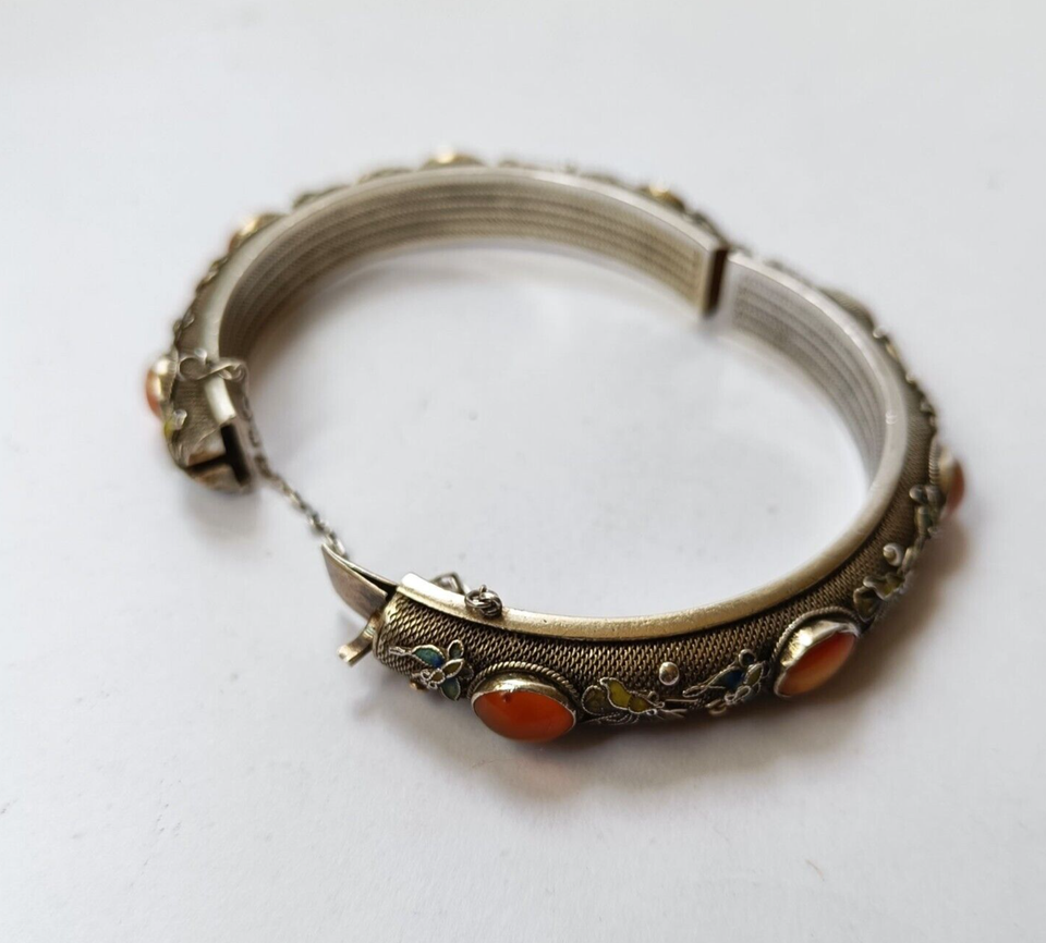 Chinese silver bracelet with carnelian gilt and enamel | eBay