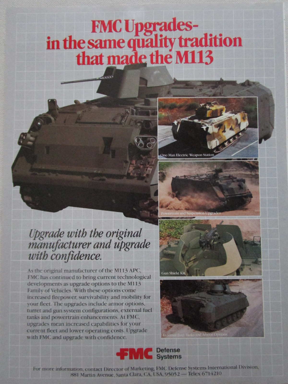 8/1989 PUB FMC DEFENSE SYSTEMS M113 APC UPGRADE ARMOURED VEHICLE BLINDE ...