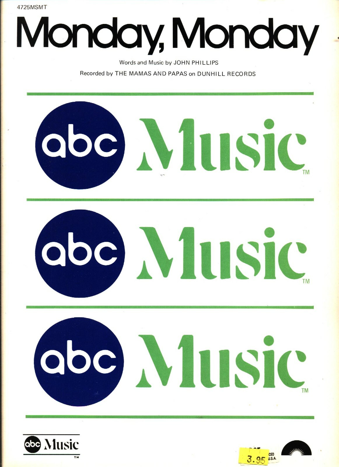 THE MAMAS AND PAPAS MONDAY, MONDAY SHEET MUSIC PIANO/VOCAL/GUITAR ...