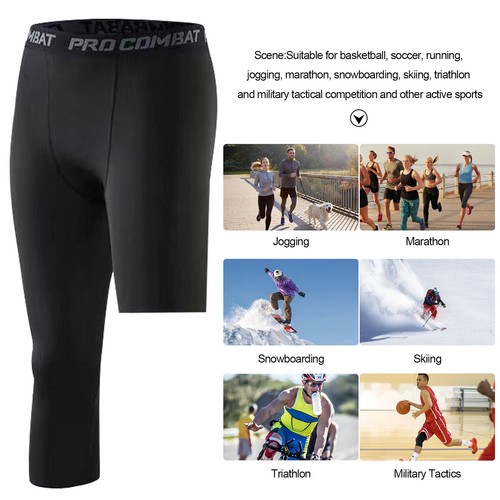 Men 3/4 One Leg Compression Base Layer Workout Leggings Gym Sports ...