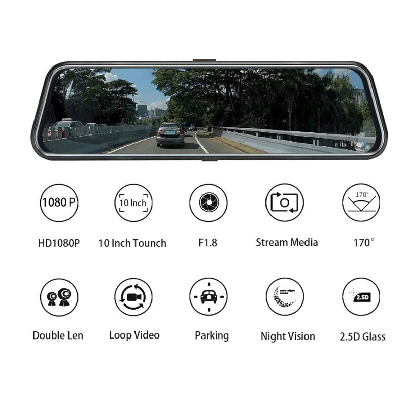10" Touch Screen 1080P Dual Lens Car Mirror Dash Cam DVR Rear View ...