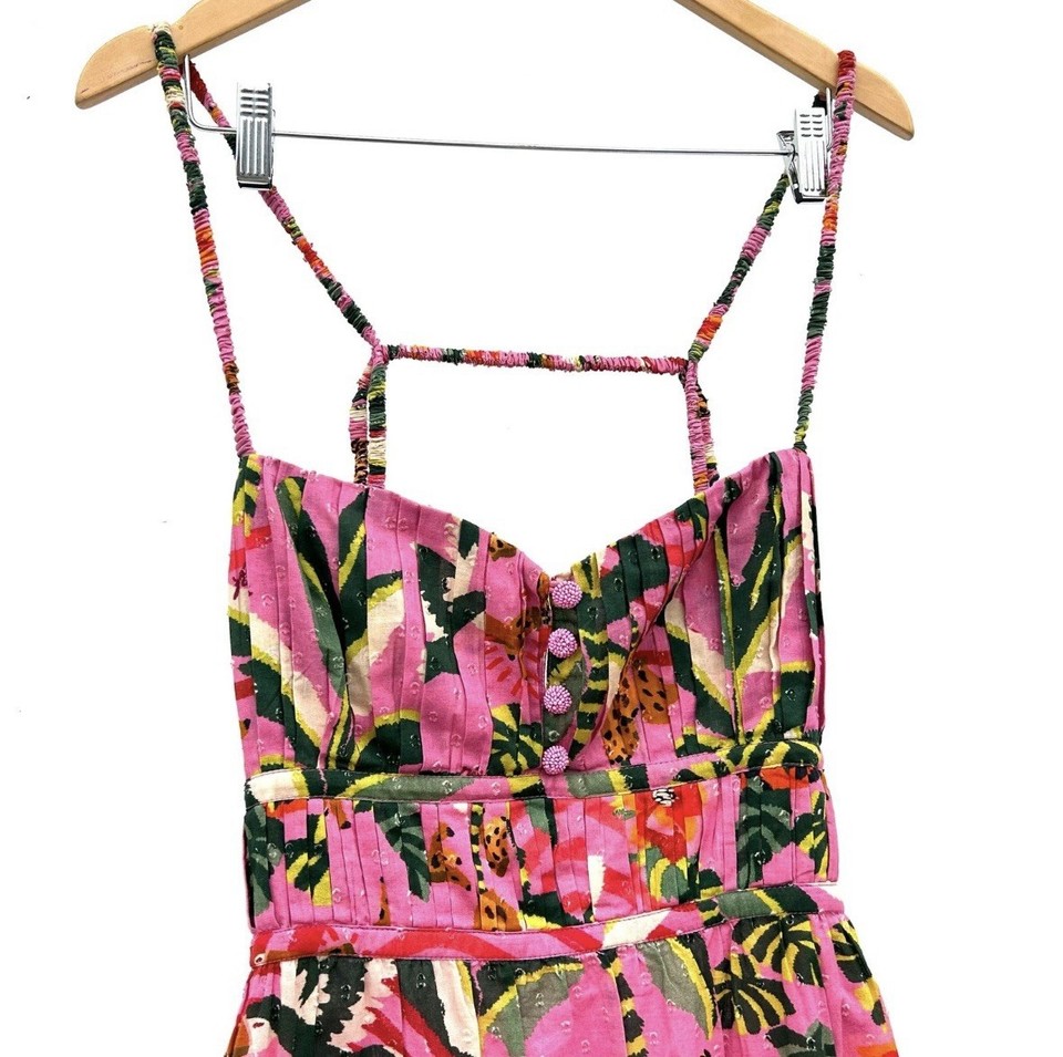 Farm Rio Leopard Forest Midi Dress Backless Bustier Pink Colorful ...