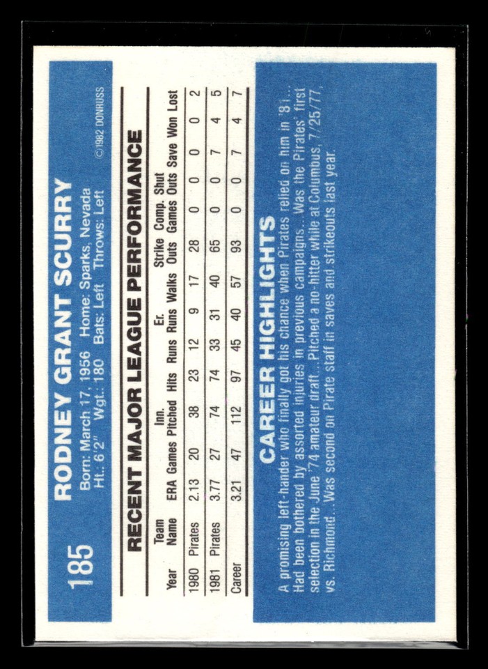 1982 Donruss Baseball #185 Rod Scurry "Set Break" Mint Pittsburgh ...