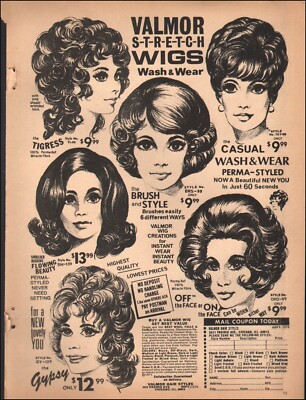 1970's Vintage ad Valmor Stretch Wigs retro hair fashion Price Art 01 ...