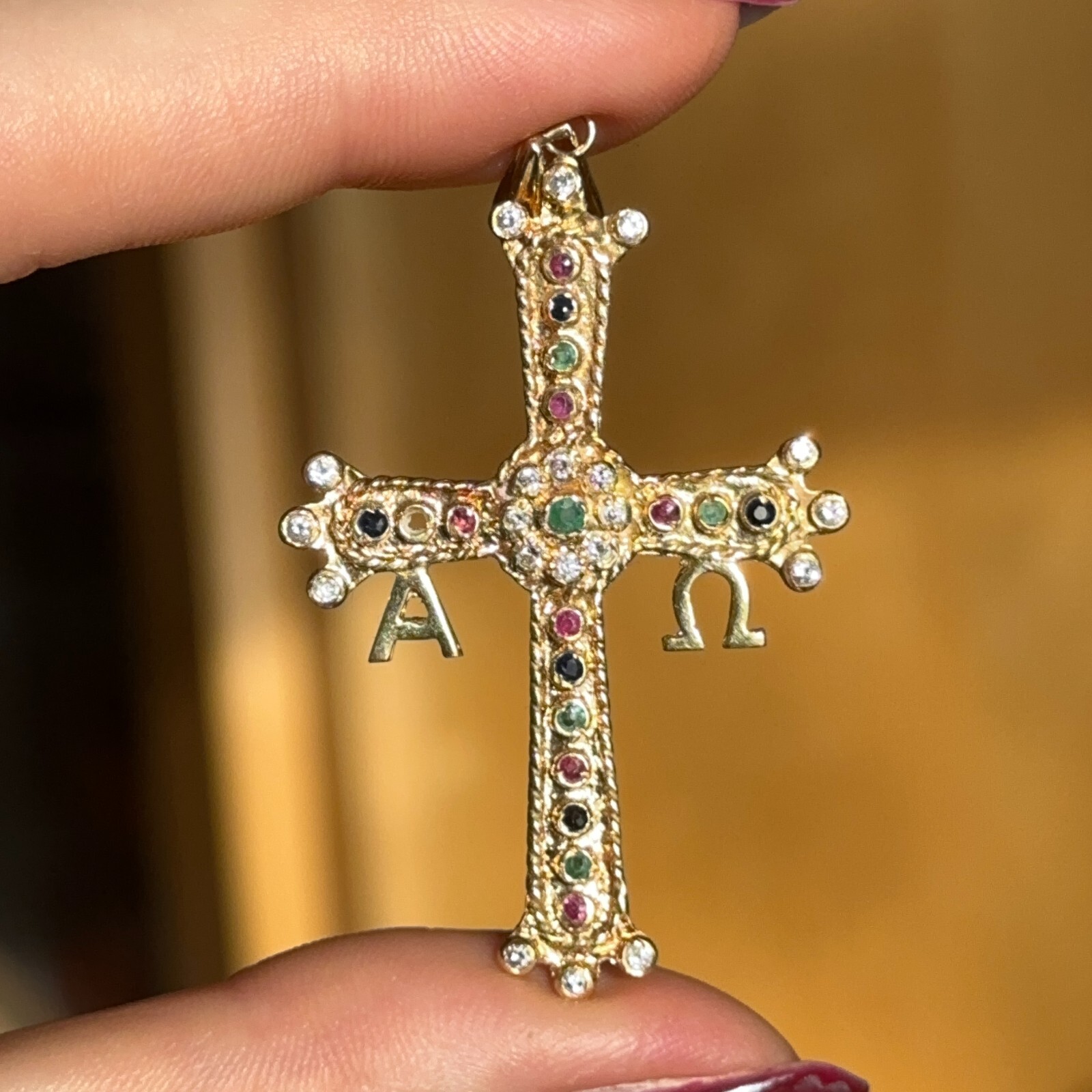 Estate 18KT Yellow Gold Alpha Omega Ruby Emerald Diam… - Gem