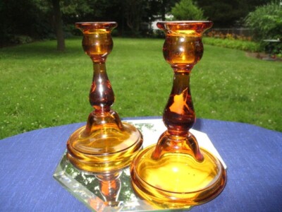 1880 - 1900's VICTORIAN AMBER GLASS CANDLE STICK HOLDERS BLOWN BELL ...