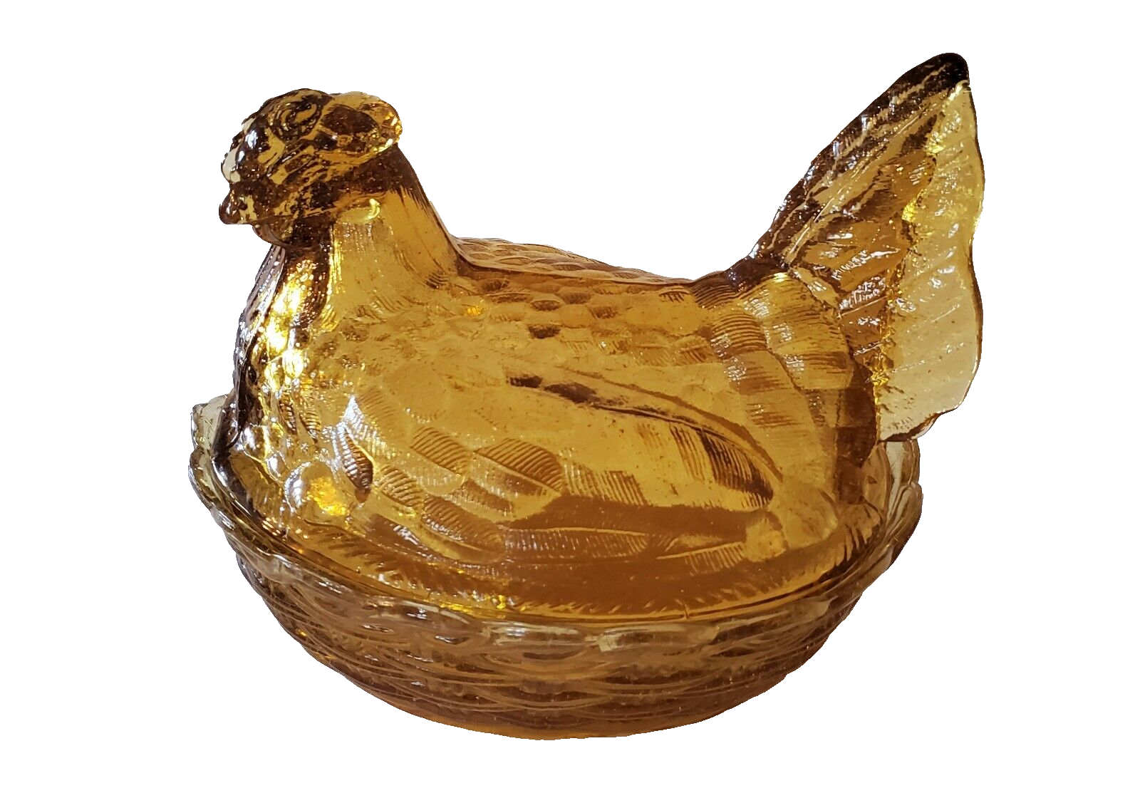 Amber glass chicken on nest vintage candy dish rope style nest edge | eBay