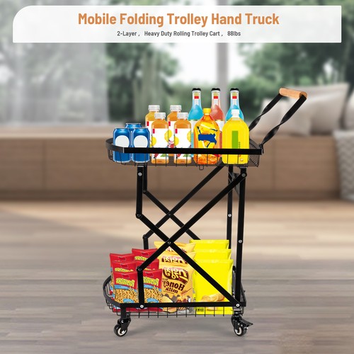 2-Layers Kitchen Mobile Trolley Cart, Foldable Rolling Rack Kitchen ...