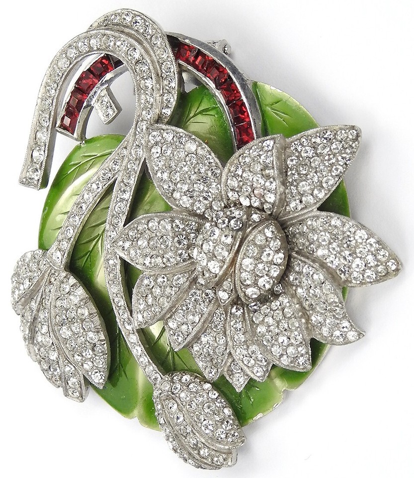 Dujay Pave Metallic Enamel Flowers Invisibly Set Ruby Stem Floral Spray ...