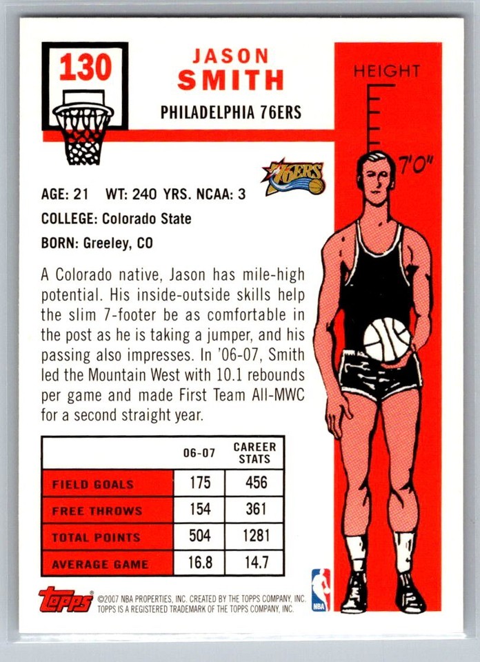 2007 Topps 50th Anniversary #130 Jason Smith Philadelphia 76ers ...