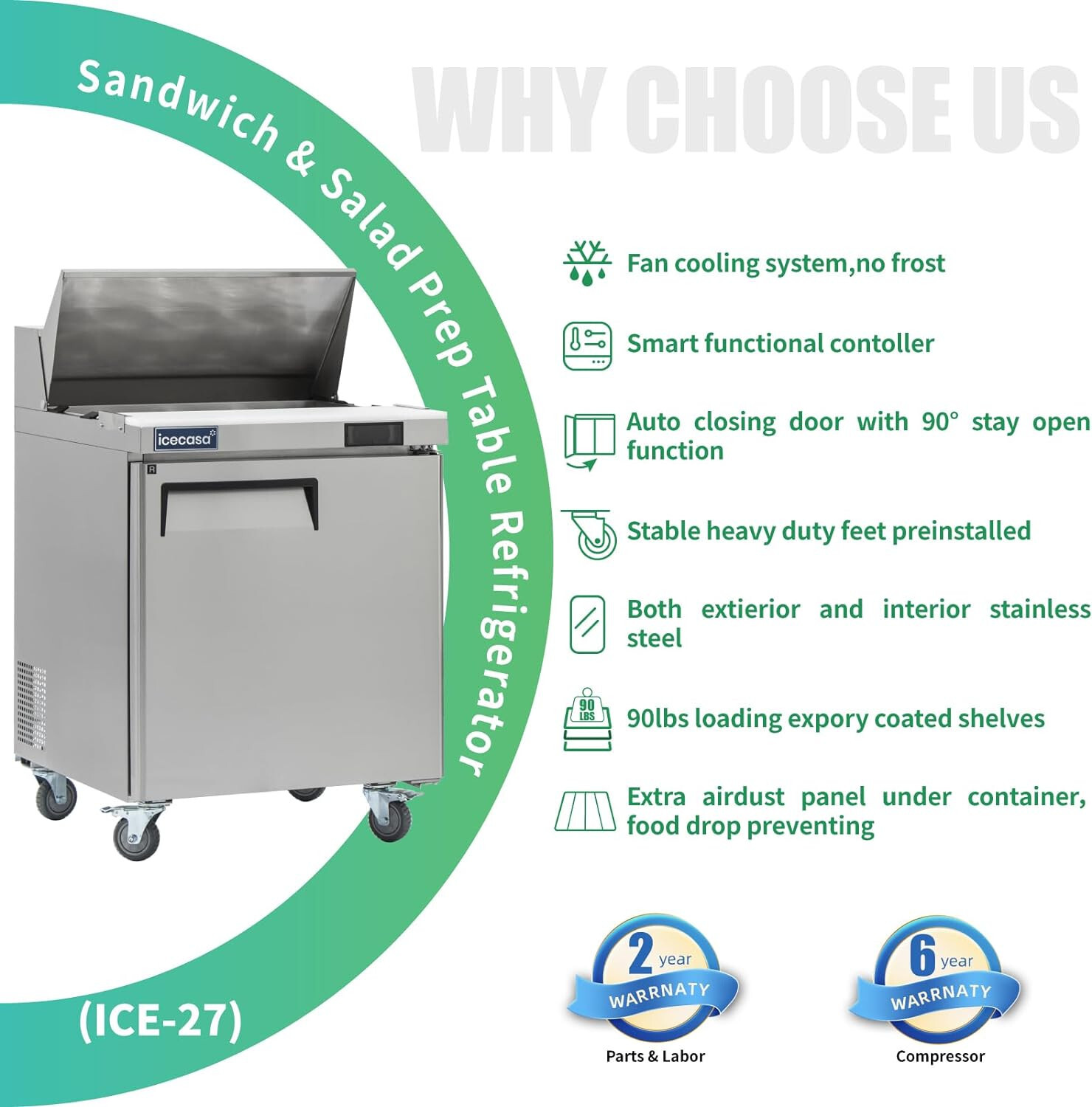 27" Sandwich Prep Table Fridge, ICECASA 1 Door Food Bain Marie Cooler ...