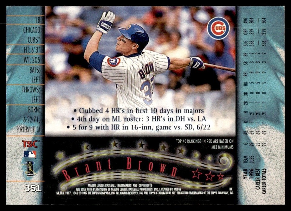 1997 Stadium Club Baseball Brant Brown Auto Chicago Cubs #351 Signed | eBay