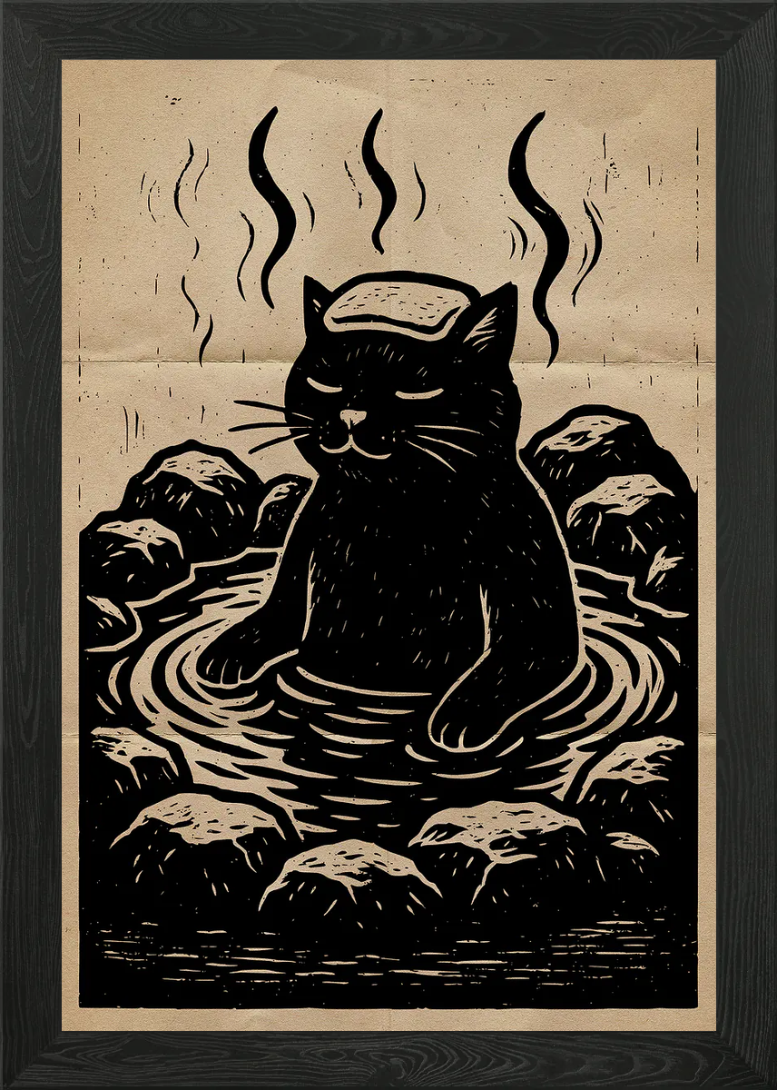 Cat in Hot Spring Woodcut Print Framed Wall Art Poster Canvas Print ...