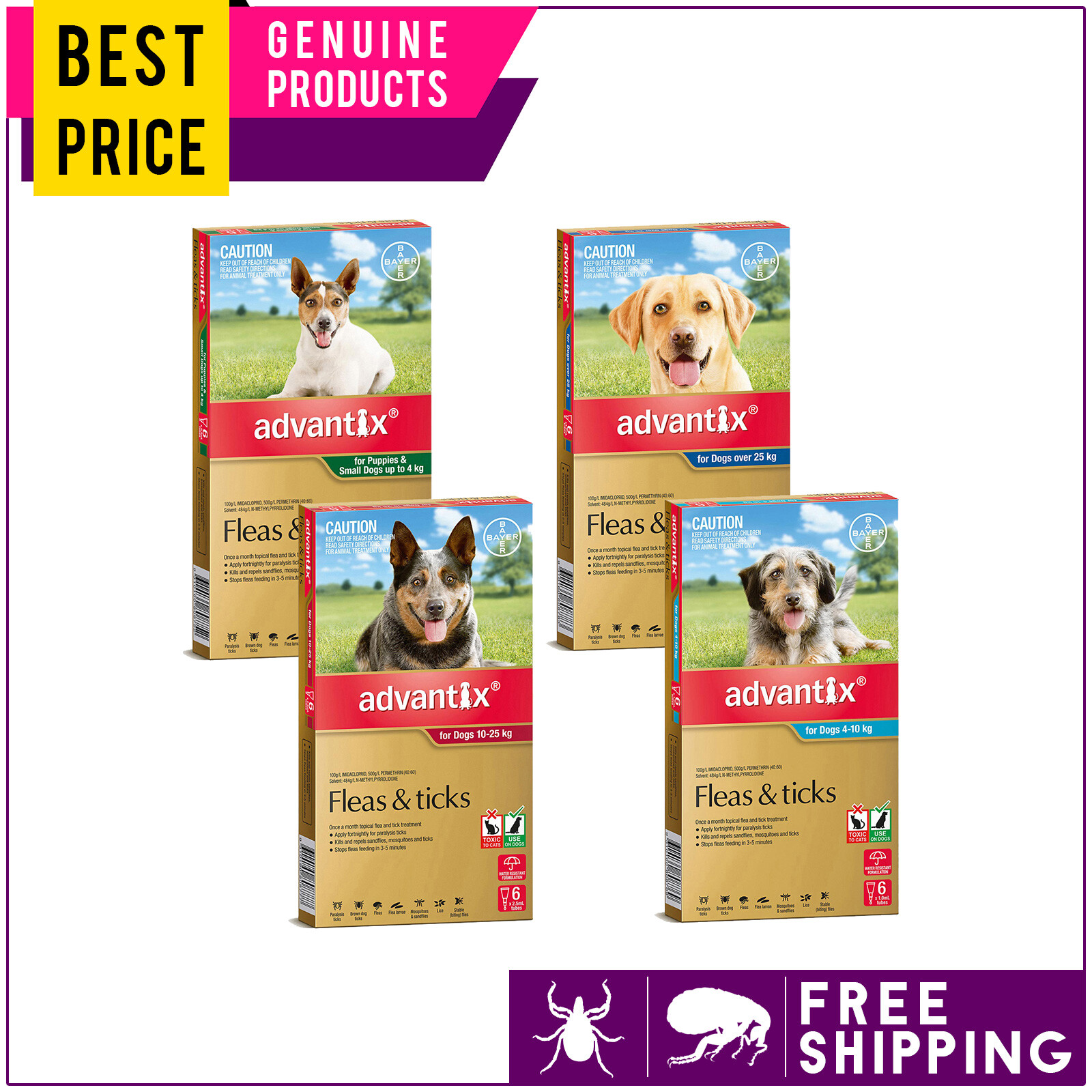 ADVANTIX for Dogs All Sizes 6 Doses Flea and Tick Prevention FREE ...