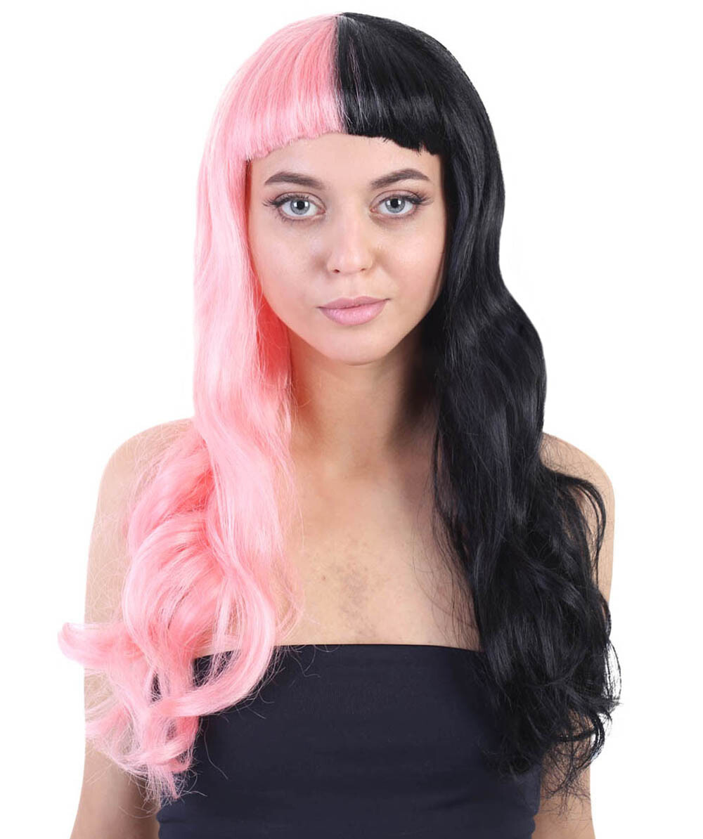 Wig With Bang Hair Long Wavy Pink and Black for Cosplay Wig With Bang Hair Long Wavy Pink and Black for Cosplay