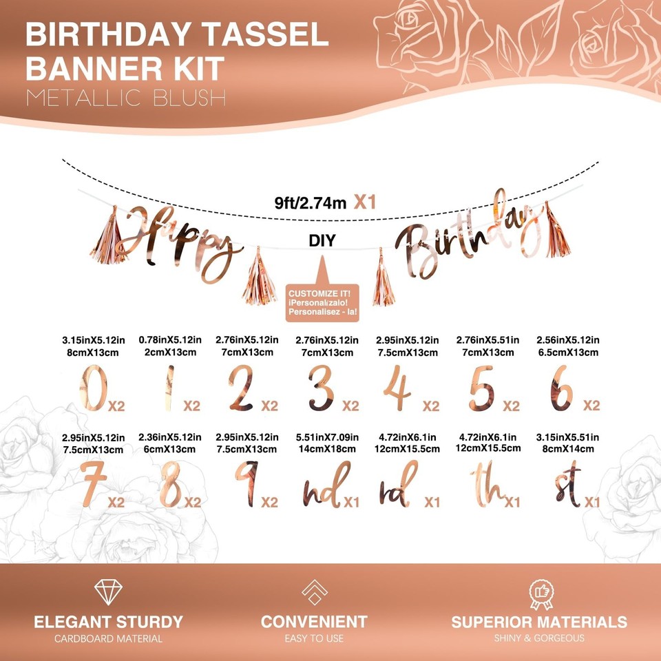 Rose Gold Happy Birthday Banner with Custom Numbers – Pre-Strung Happy ...