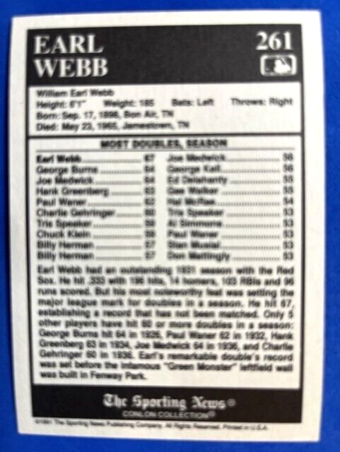 MLB - Earl Webb 1991 Sporting News Conlan Collection - Red Sox | eBay