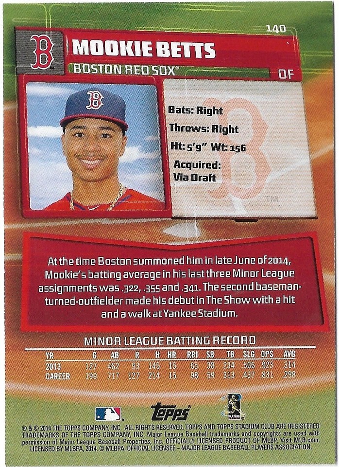 MOOKIE BETTS RC 2014 TOPPS STADIUM CLUB ROOKIE CARD #140 LOS ANGELES ...