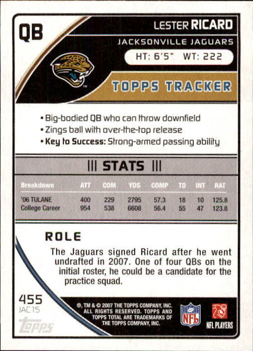 2007 Topps Total Football Card #455 Lester Ricard Rookie | eBay