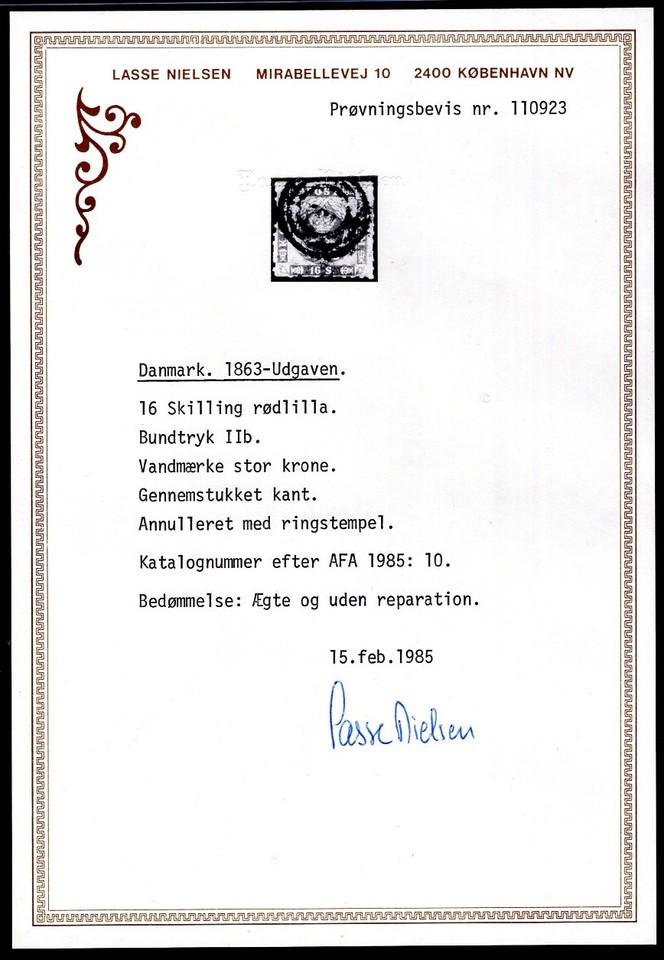 DENMARK 1856 10 used FLAWLESS CERTIFICATE LASSE NIELSEN (E8793 | eBay