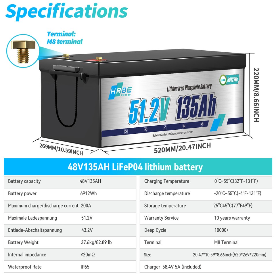 48V 135Ah Lithium Battery Rechargeable Deep Cycle LiFePO4 Batteries ...